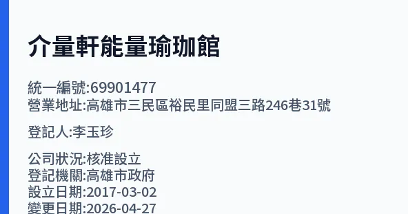 介量軒能量瑜珈館的照片-統編 69901477(高雄市) 公司登記資料與營業項目詳細圖表