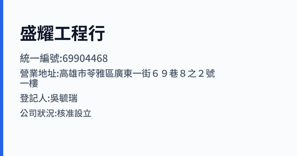 盛耀工程行 - 統編 69904468(高雄市) 公司登記資料與營業項目詳細圖表