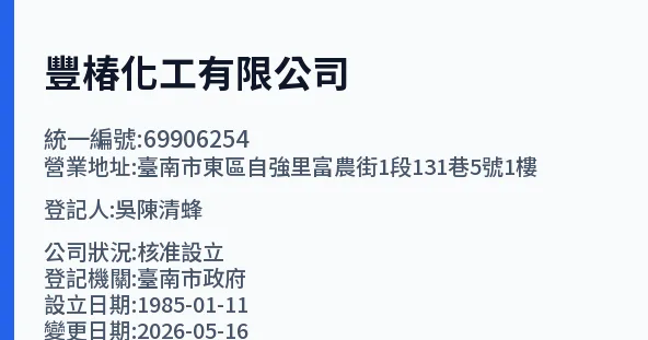 豐椿化工有限公司的照片-統編 69906254(臺南市) 公司登記資料與營業項目詳細圖表