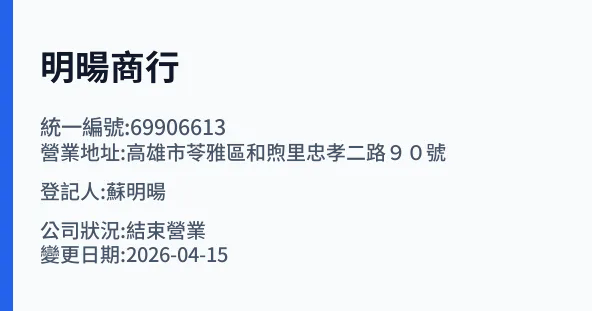 明暘商行的照片-統編 69906613(高雄市) 公司登記資料與營業項目詳細圖表
