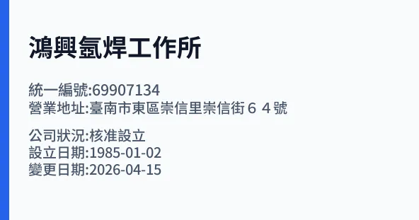 鴻興氬焊工作所的照片-統編 69907134(臺南市) 公司登記資料與營業項目詳細圖表
