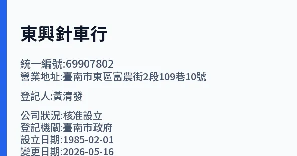 東興針車行的照片-統編 69907802(臺南市) 公司登記資料與營業項目詳細圖表