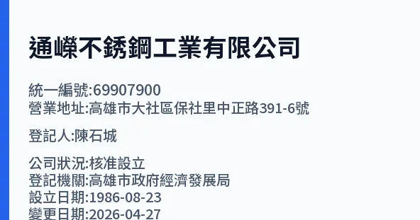 通嶸不銹鋼工業有限公司的照片-統編 69907900(高雄市) 公司登記資料與營業項目詳細圖表