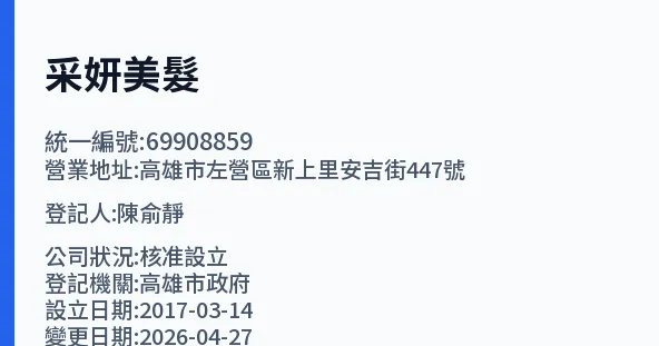 采妍美髮的照片-統編 69908859(高雄市) 公司登記資料與營業項目詳細圖表