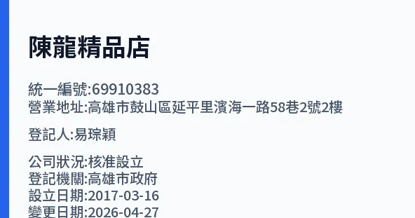 陳龍精品店的照片-統編 69910383(高雄市) 公司登記資料與營業項目詳細圖表