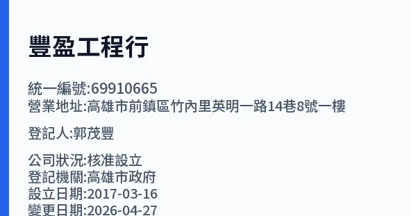 豐盈工程行的照片-統編 69910665(高雄市) 公司登記資料與營業項目詳細圖表