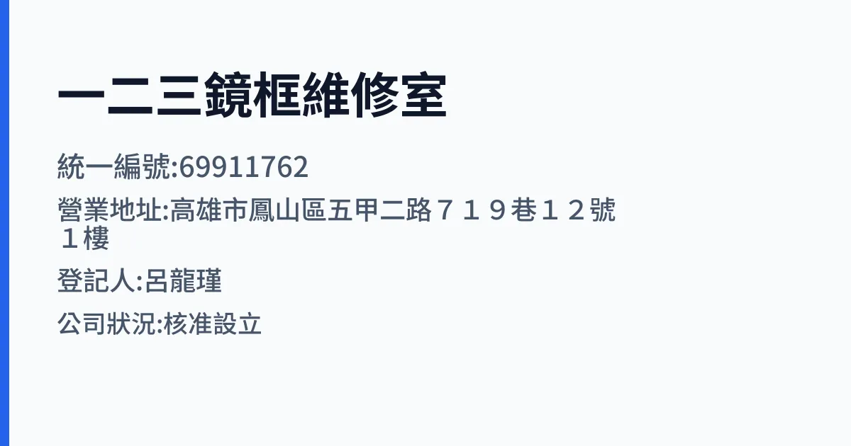 一二三鏡框維修室 - 統編 69911762(高雄市) 公司登記資料與營業項目詳細圖表
