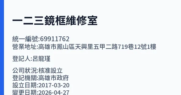 一二三鏡框維修室的照片-統編 69911762(高雄市) 公司登記資料與營業項目詳細圖表