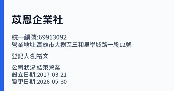 苡恩企業社的照片-統編 69913092(高雄市) 公司登記資料與營業項目詳細圖表