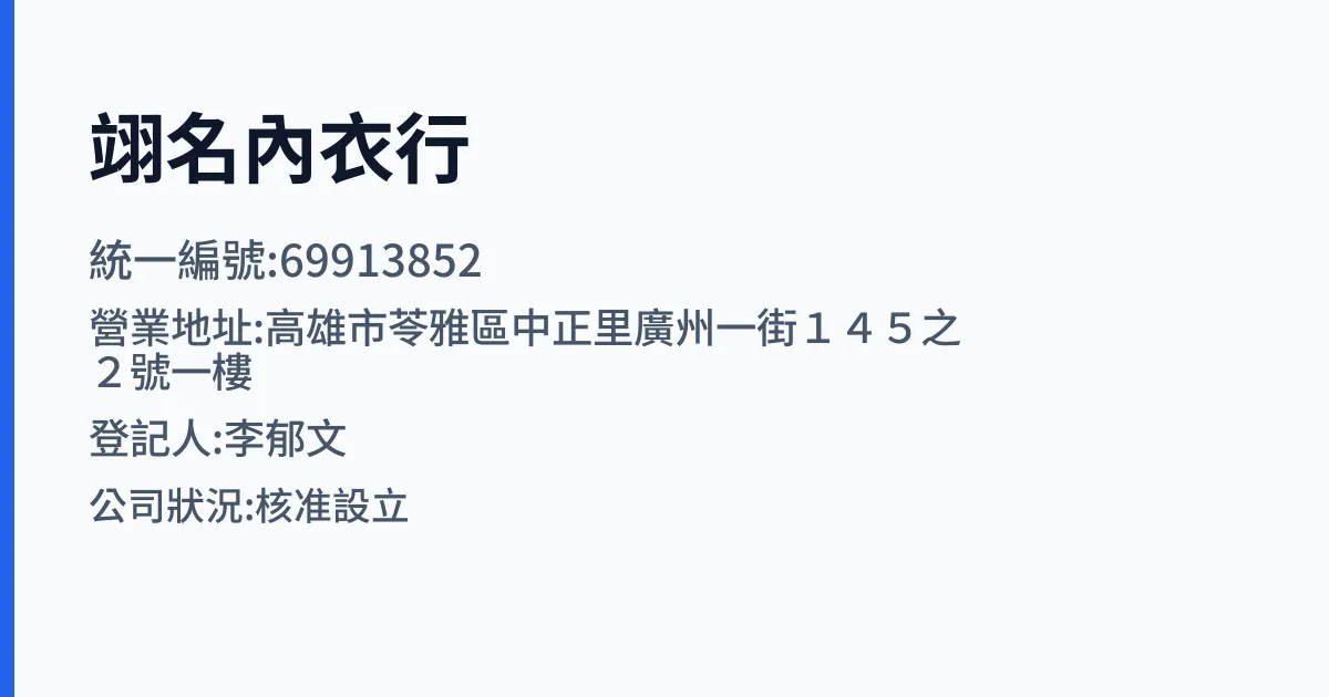 翊名內衣行 - 統編 69913852(高雄市) 公司登記資料與營業項目詳細圖表