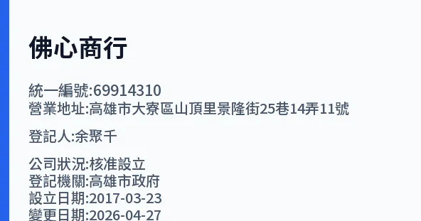 佛心商行的照片-統編 69914310(高雄市) 公司登記資料與營業項目詳細圖表