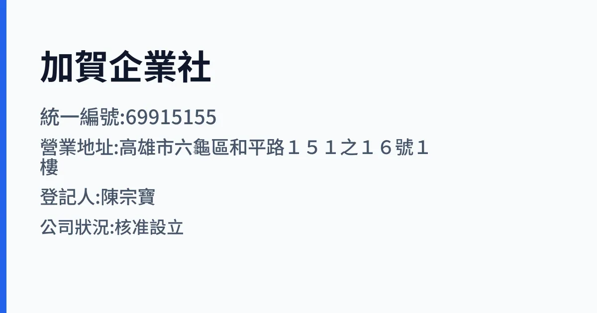 加賀企業社 - 統編 69915155(高雄市) 公司登記資料與營業項目詳細圖表