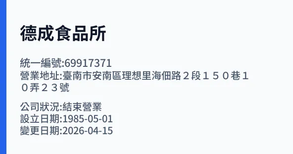 德成食品所的照片-統編 69917371(臺南市) 公司登記資料與營業項目詳細圖表