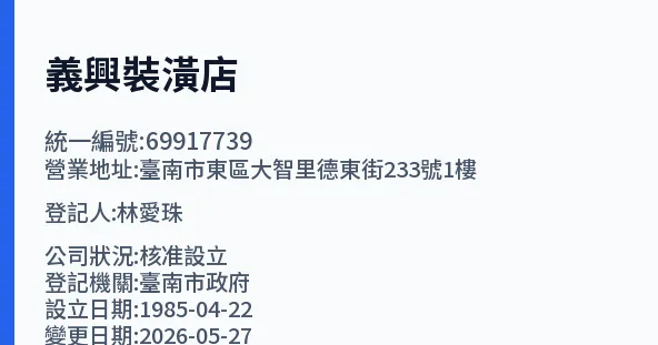 義興裝潢店的照片-統編 69917739(臺南市) 公司登記資料與營業項目詳細圖表