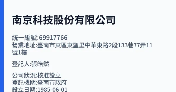 南京科技股份有限公司的照片-統編 69917766(臺南市) 公司登記資料與營業項目詳細圖表