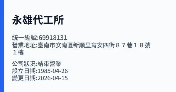 永雄代工所的照片-統編 69918131(臺南市) 公司登記資料與營業項目詳細圖表