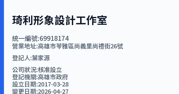 琦利形象設計工作室的照片-統編 69918174(高雄市) 公司登記資料與營業項目詳細圖表