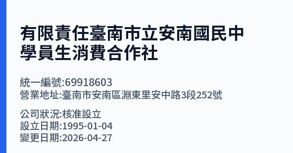 有限責任臺南市立安南國民中學員生消費合作社的照片-統編 69918603(臺南市) 公司登記資料與營業項目詳細圖表