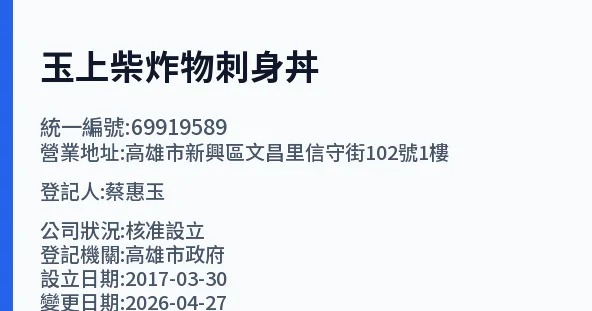 玉上柴炸物刺身丼的照片-統編 69919589(高雄市) 公司登記資料與營業項目詳細圖表