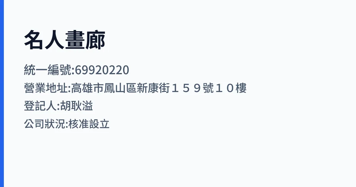 名人畫廊 - 統編 69920220(高雄市) 公司登記資料與營業項目詳細圖表
