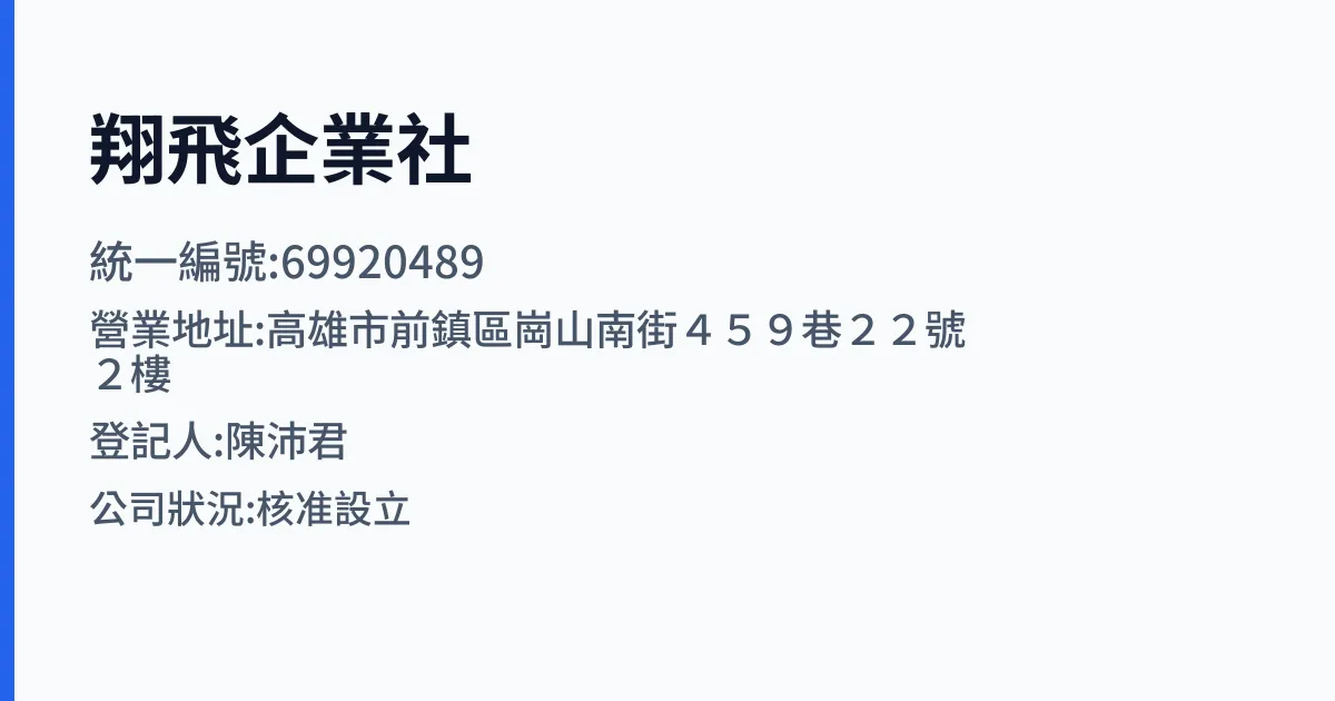 翔飛企業社 - 統編 69920489(高雄市) 公司登記資料與營業項目詳細圖表