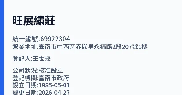 旺展繡莊的照片-統編 69922304(臺南市) 公司登記資料與營業項目詳細圖表
