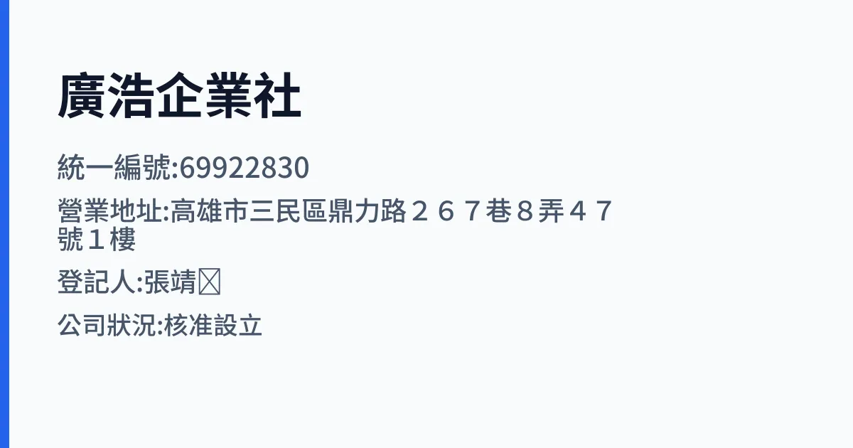 廣浩企業社 - 統編 69922830(高雄市) 公司登記資料與營業項目詳細圖表