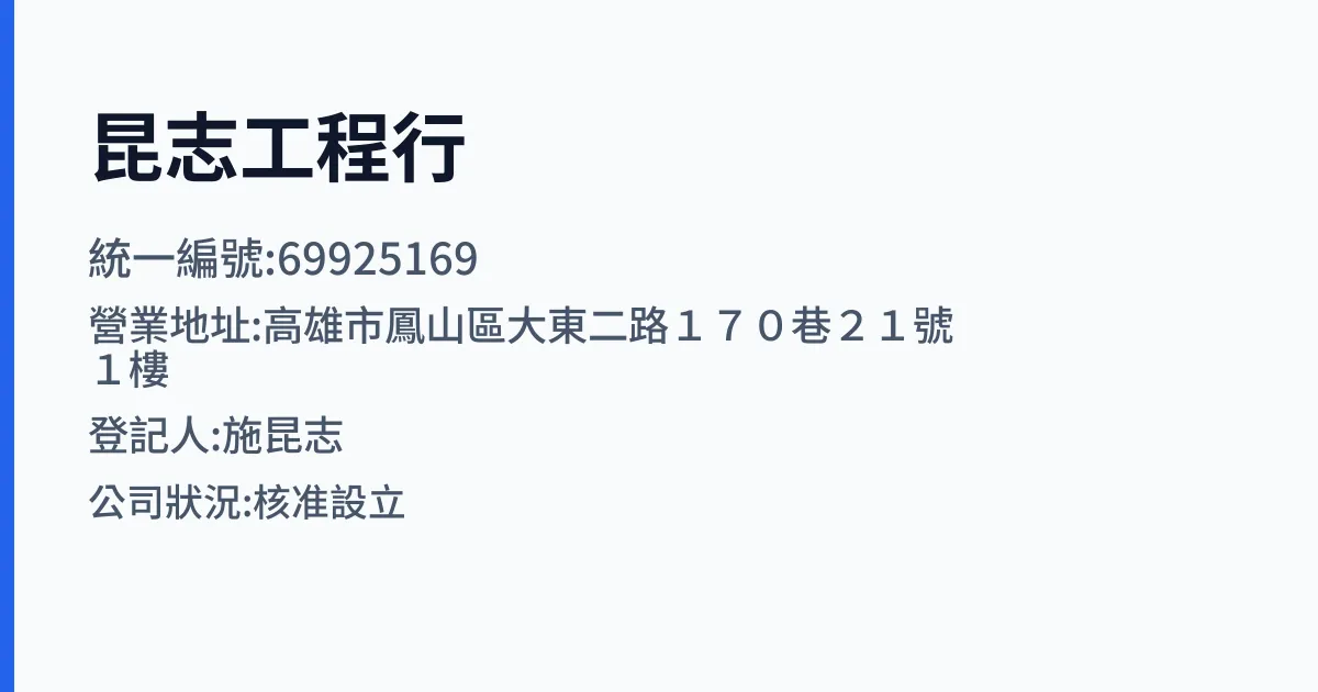 昆志工程行 - 統編 69925169(高雄市) 公司登記資料與營業項目詳細圖表