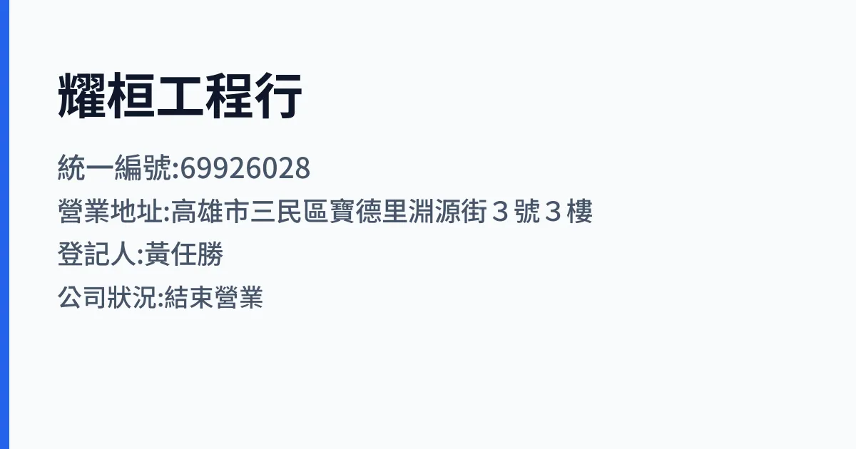 耀桓工程行 - 統編 69926028(高雄市) 公司登記資料與營業項目詳細圖表
