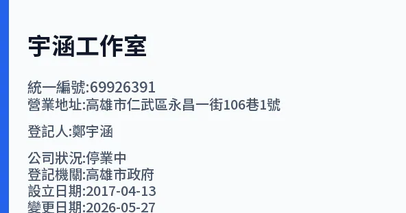 宇涵工作室的照片-統編 69926391(高雄市) 公司登記資料與營業項目詳細圖表
