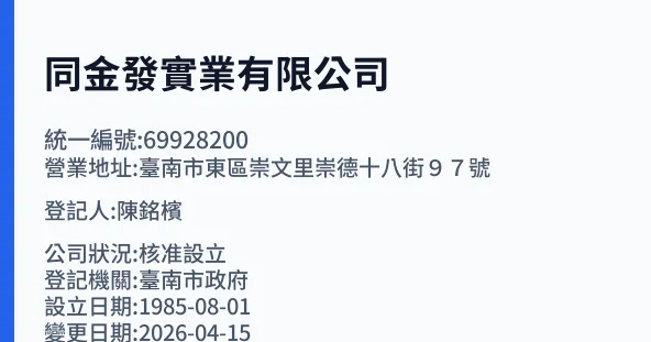 同金發實業有限公司的照片-統編 69928200(臺南市) 公司登記資料與營業項目詳細圖表