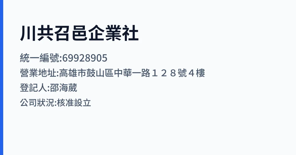 川共召邑企業社 - 統編 69928905(高雄市) 公司登記資料與營業項目詳細圖表