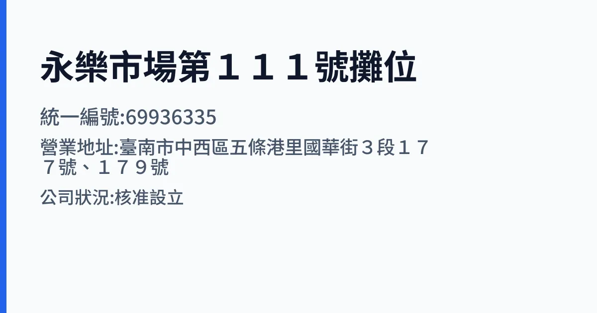永樂市場第111號攤位 - 統編 69936335(臺南市) 公司登記資料與營業項目詳細圖表