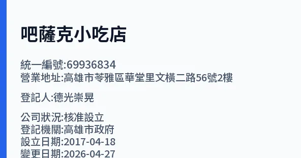 吧薩克小吃店的照片-統編 69936834(高雄市) 公司登記資料與營業項目詳細圖表