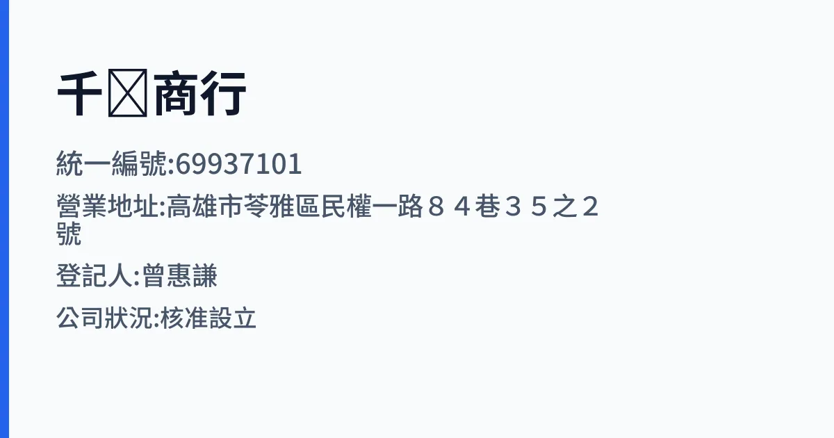 千絵商行 - 統編 69937101(高雄市) 公司登記資料與營業項目詳細圖表