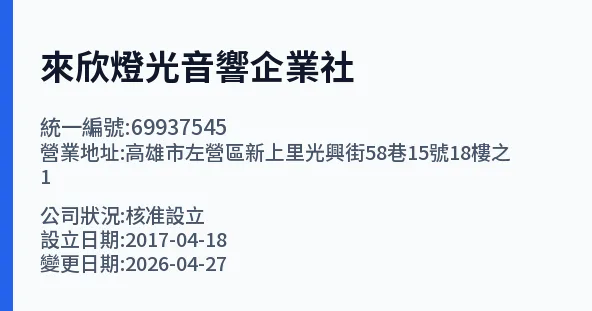 來欣燈光音響企業社的照片-統編 69937545(高雄市) 公司登記資料與營業項目詳細圖表