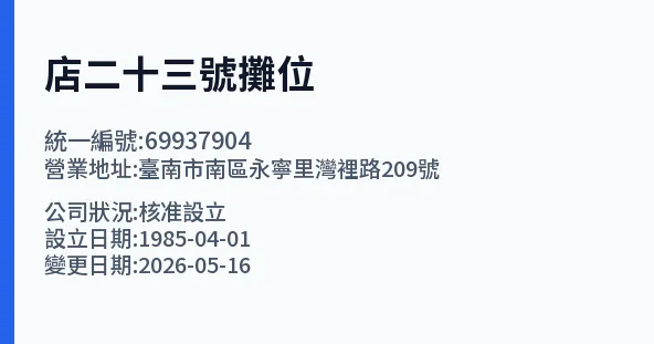 店二十三號攤位的照片-統編 69937904(臺南市) 公司登記資料與營業項目詳細圖表