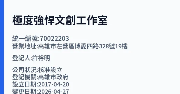 極度強悍文創工作室的照片-統編 70022203(高雄市) 公司登記資料與營業項目詳細圖表