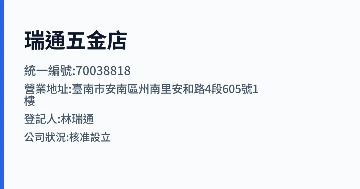 瑞通五金店 - 統編 70038818(臺南市) 公司登記資料與營業項目詳細圖表