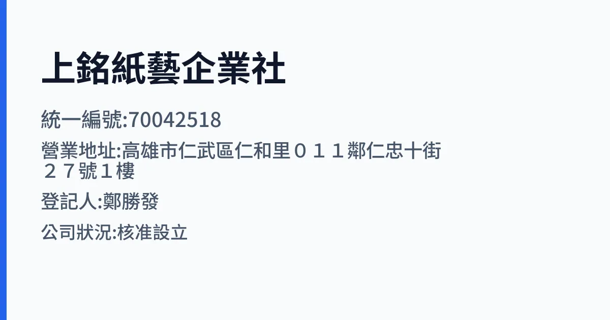 上銘紙藝企業社 - 統編 70042518(高雄市) 公司登記資料與營業項目詳細圖表