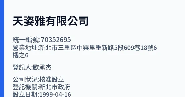 天姿雅有限公司的照片-統編 70352695(新北市) 公司登記資料與營業項目詳細圖表
