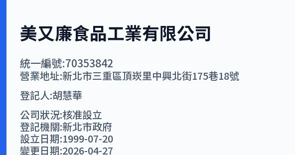 美又廉食品工業有限公司的照片-統編 70353842(新北市) 公司登記資料與營業項目詳細圖表