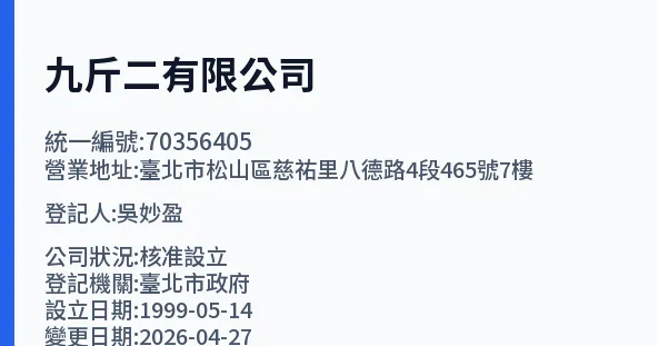 九斤二有限公司的照片-統編 70356405(臺北市) 公司登記資料與營業項目詳細圖表