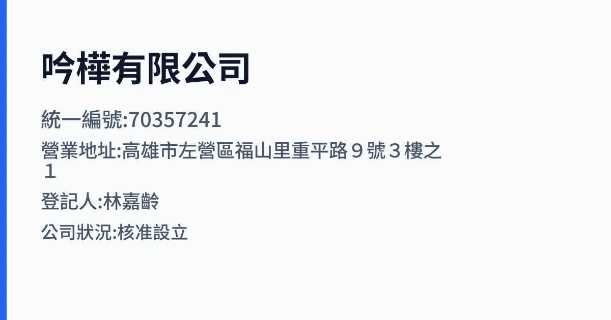 吟樺有限公司 - 統編 70357241(新北市) 公司登記資料與營業項目詳細圖表