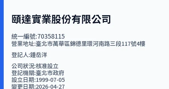 頤達實業股份有限公司的照片-統編 70358115(臺北市) 公司登記資料與營業項目詳細圖表