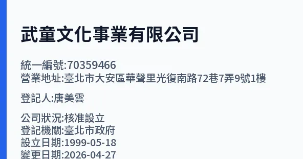 武童文化事業有限公司的照片-統編 70359466(臺北市) 公司登記資料與營業項目詳細圖表