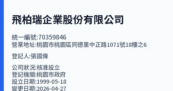 飛柏瑞企業股份有限公司的照片-統編 70359846(桃園市) 公司登記資料與營業項目詳細圖表