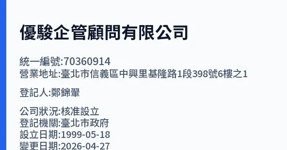 優駿企管顧問有限公司的照片-統編 70360914(臺北市) 公司登記資料與營業項目詳細圖表