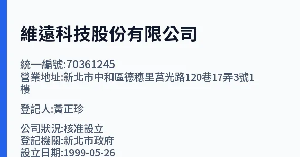 維遠科技股份有限公司的照片-統編 70361245(新北市) 公司登記資料與營業項目詳細圖表