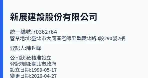 新展建設股份有限公司的照片-統編 70362764(臺北市) 公司登記資料與營業項目詳細圖表